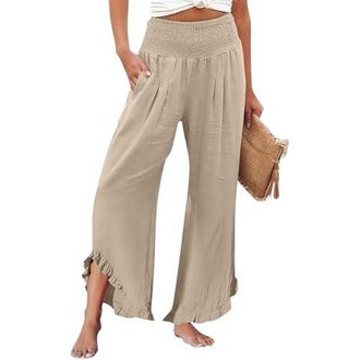 Generic Pantalon d&eacute;t&eacute; en lin pour femme - Long et a&eacute;r&eacute; - Jambes larges - Pantalon en lin - Taille haute irr&eacute;guli&egrave;re - Pantalon de loisirs ample et confortable