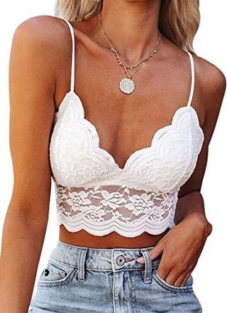 Heekpek Debardeur Femme Eté en Dentelle Sexy Col en V Haut Chic Bralettes Bretelles Spaghetti Haut Court Crop Top, Blanc, Taille S