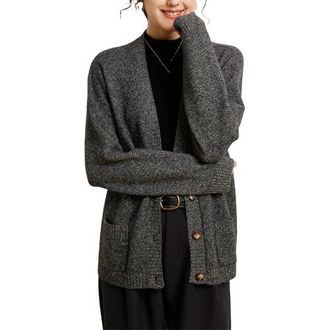 Generic Cardigan &agrave; col en V pour femme 100 % cachemire pull ample en tricot r&eacute;tro poches v&ecirc;tements dext&eacute;rieur, Gris AB, Taille Unique