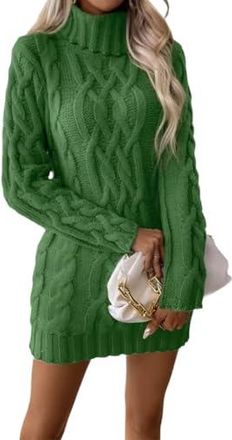 ORANDESIGNE Robe Pull Femme Automne Hiver Mini Robe Tricot&eacute; &agrave; Col Haut Robe Mi-Longue Chandail Pull XS A Vert