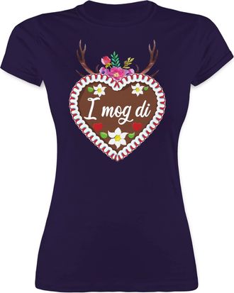 Shirtracer Shirt Damen - Kompatibel Oktoberfest - Lebkuchenherz I mog di mit Geweih und Blumen - XXL - Lila - trachtenshirt Trachten t Shirts bayrische edelwei&szlig; 
