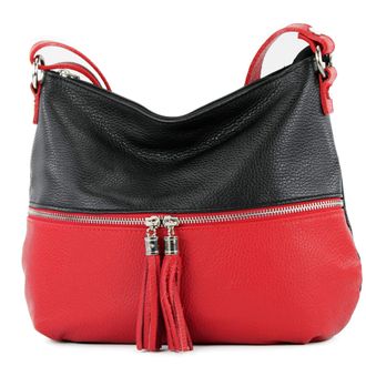 modamoda.de T159 Damen Leder Umh&auml;ngetasche Schultertasche Medium handmade in Italy, Farbe:Schwarz/Rot