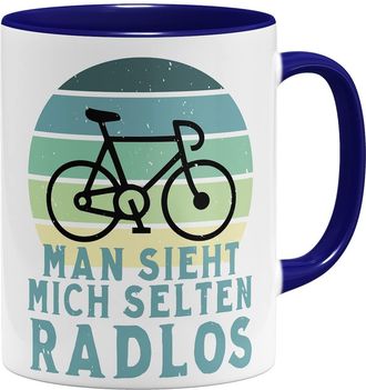 OM3 Fahrrad Tasse mit Spruch - Man Sieht Mich selten Radlos - Keramik Becher - 11oz 325ml - Beidseitig Bedruckt - Dunkelblau