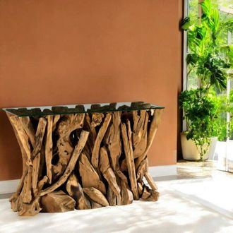 Pier Import Console plateau en verre sur racine de teck arizona