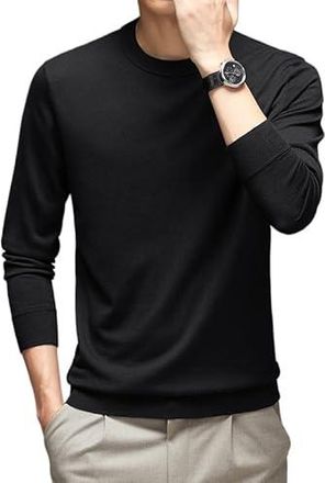 Generic T-shirt à manches longues en laine mérinos lavable en machine pour homme - Col rond - Couleur unie classique, Noir, M