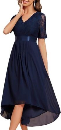 Ever-pretty Robe dInvité Mariage Femme Midi Dentelle High Low Manches Courtes Bleu Marine 44