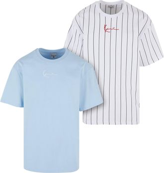 Karl Kani Herren KM241-076-2 Small Signature Essential Tee 2-Pack Pinstripe White/Light Blue, XL