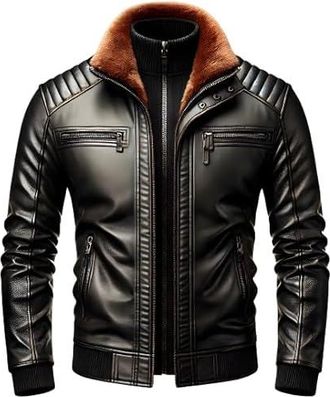 Generic Veste en cuir véritable pour homme avec col en fourrure, fermeture éclair sur le devant, détails matelassés, noir, noir, Medium