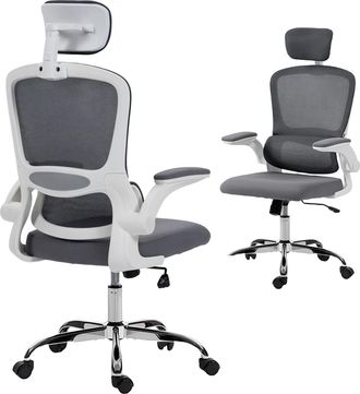 HOMCOM Ergonomischer Bürostuhl, High Back Mesh Computer-Schreibtisch Stuhl mit verstellbarer Kopfstütze und Lendenwirbelstütze, Flip-up Armlehnen für Home Of