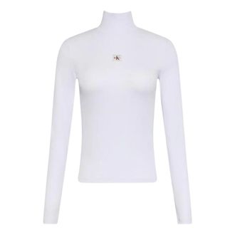 Calvin Klein Jeans Haut &agrave; col roul&eacute; en coton c&ocirc;tel&eacute; - Femme - Pulls - Blanc - Taille: 40 FR