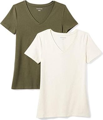 Amazon Essentials T-Shirt Col en V, à Manches Courtes, Coupe Standard Femme, Lot de 2, Vert Olive/Avoine Chiné, XXL