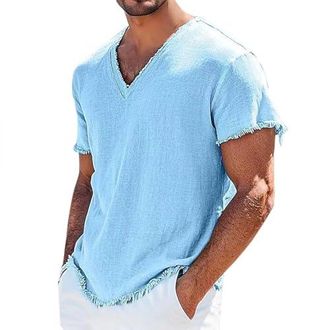 Generic DENGJIAMY T-shirts &agrave; col en V pour homme - Chemise unie &agrave; manches courtes en lin tendance - T-shirts classiques basiques - V&ecirc;tements d&eacute;t&eacute; d&eacute;contract&eacute;s