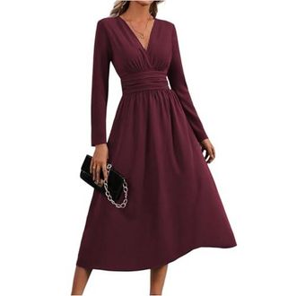 Generic Femme Robe Longue Elegante Col en V Taille Haute Robe Automn et Hiver Plissée Manches Longues Couleur Unie Maxi Robes pour Soirée Mariage Fête,Rouge F