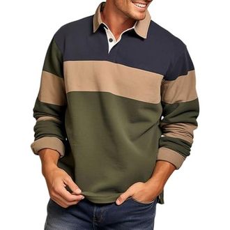 Generic Polo &agrave; manches longues en coton pour homme - &Eacute;l&eacute;gant - T-shirt ample - Imprim&eacute; blocs de couleurs - Chemise &agrave; col avec boutonni&egrave;re - Haut confortable, 