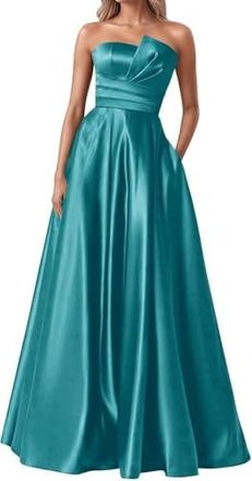 Generic Robe de bal longue sans bretelles en satin pour femme - Robe de soir&eacute;e formelle sans manches, turquoise, 48 Grande taille