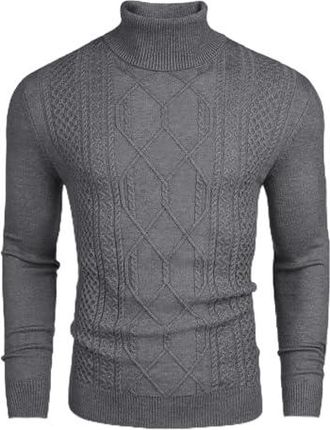 Coofandy Pull Homme Hiver Col Roul&eacute; Slim Fit Grosse Maille Motif Torsad&eacute; Business Manches Longues Norv&eacute;gien Thermique Gris Moyen XXL