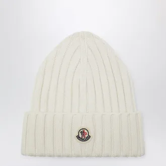 Moncler Wei&szlig;e Zopfmuster-Beanie aus Wolle mit Logo
