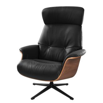 Studio Copenhagen home24 Sessel manuell verstellbar Schwarz/Schwarz Echtleder Neka Walnuss Schwarz 83 x 110 x 88cm
