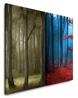 Paul Sinus Art Wandbild 2 teilig je 60x90cm Wald Bäume Herbst rote Blätter Mystisch Friedlich Ruhig