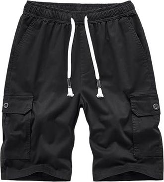 Generic Short cargo d&eacute;contract&eacute; en serg&eacute; pour homme - En coton - Cordon de serrage - Stretch - Avec poches, Noir, 30