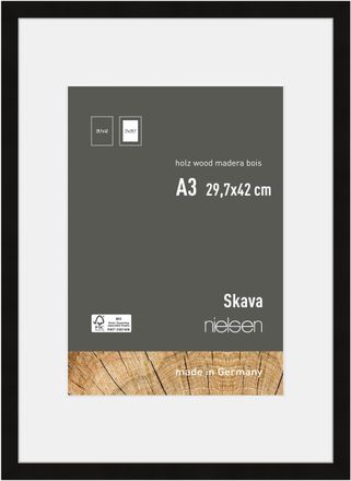 Nielsen Design Bilderrahmen mit Passepartout, 29,7 x 42 cm (A3), Holz, Schwarz, Posterrahmen zum Aufh&auml;ngen im Hoch- & Querformat, Echtglas, Skava