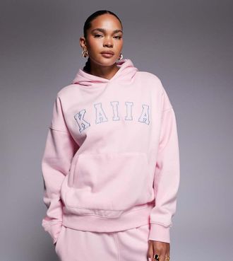 KAIIA Exklusiver Oversize-Kapuzenpullover in Babyrosa und Blau aus baumwollreichem Stoff mit Logo-Stickerei, Kombiteil