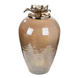 Gilde Deckelvase Flor aus Glas - champagnerfarben - rund - Blumenmotiv - H&ouml;he 40cm x &Oslash; 23cm - Dekovase