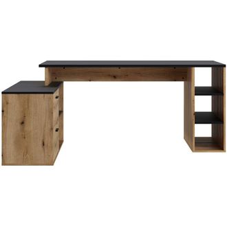 PEGANE Bureau dangle en m&eacute;lamine coloris imitation ch&ecirc;ne artisan / noir mat - Longueur 183 x profondeur 141 x Hauteur 75 cm