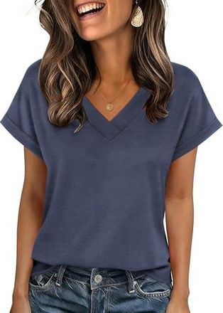 Zeagoo T-shirt pour femme - Col en V - Manches courtes - &Eacute;l&eacute;gant - D&eacute;contract&eacute; - Couleur unie - Tailles S &agrave; 2XL, Bleu saphir, XXL