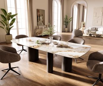 DELIFE Esstisch Edge Boot 260x120 cm Keramik Minas Melange Wei&szlig;-Beige Troa Metall Schwarz, Esstische