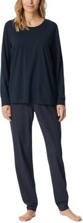 Schiesser Pyjama Long avec Poignets en Coton - Nightwear Ensemble de Pijama, Bleu Nuit_181987, 52 Femme