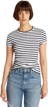 Tommy Jeans Damen Tjw Slim Essential Rib EXT Dw0dw17383 S/S T-Shirt, Blue (Dark Night Navy/Stripe), XL EU
