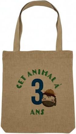 Fabulous Sac Shopping Tote Bag Aspect Lin - Cet Animal &Agrave; 3 Ans Anniversaire Celebration Enfant Cadeau Safari Theme - Sac de Courses Toile Epaisse 360g Beige Na