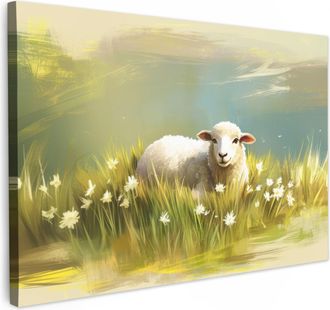 MuchoWow &copy; Leinwand Bilder Gro&szlig; 120x80 cm XXL Wanddeko Wohnzimmer Aesthetic Room Decor Deko Zimmer Wandbilder Modern Bild auf Leinwand Schaf - Wiese - Gr&uuml;n