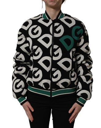 Dolce & Gabbana Womens Multicolor Logo Full Zip Bomber Jacket Polyester Viscose Clothing