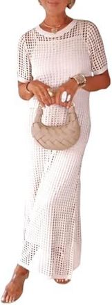 Generic Robe deux pi&egrave;ces &agrave; col rond creux de qualit&eacute; de lair pour femme, robe longue de vacances, robe d&eacute;t&eacute; &agrave; manches courtes et &agrave; manches courtes, blanc, L