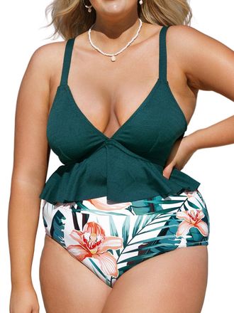 Cupshe Damen Gro&szlig;e Gr&ouml;&szlig;en Bikini Set V Ausschnitt High Waist Bauchweg Zweiteiliger Bikini Crossback R&uuml;schensaum Plus Size Bademode Swimsuit Blaugr&uuml;n 2X=XXL