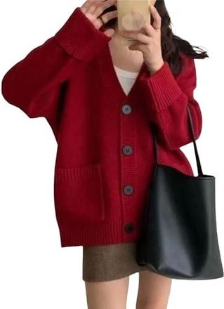 Generic Cardigan r&eacute;tro en tricot pour femme, style cor&eacute;en, avec poches plaqu&eacute;es, veste douce pour lhiver, Rouge, taille unique