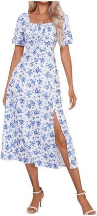 Generic Robes amincissantes d&eacute;t&eacute; 2026 pour femmes, imprim&eacute; floral, coupe ajust&eacute;e, col carr&eacute;, ourlet fendu, robe boh&egrave;me l&eacute;g&egrave;re, bleu, XXL