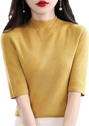 Generic Pull dété à manches courtes pour femme - Col roulé - Coupe ajustée, moutarde, Taille S