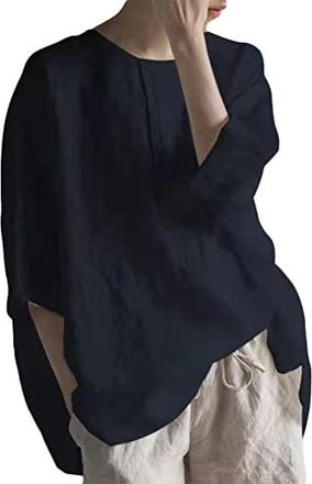 Onsoyours Chemisier Femme Manche 3/4 Décontracté Chemise Col Rond Élégant Chemise Lin Vintage Couleur Unie Blouse Tops Printemps Eté Z3 Marine XL
