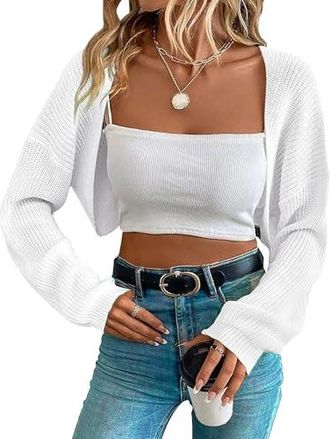 Generic Cardigan Blanc pour Femme, bol&eacute;ro, Pull Ouvert sur Le Devant, Tendance, Manches Longues, tricot&eacute;