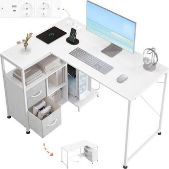 Woltu Bureau dangle Woltu 120x80 cm, Table dOrdinateur avec &Eacute;tag&egrave;re R&eacute;versible, Prises et Port usb-a Typ-C, Forme de l, Cadre en M&eacute;tal, Marron Rustique