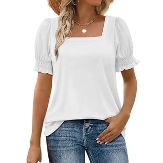 Generic T-shirt d&eacute;contract&eacute; &agrave; col carr&eacute; et manches smock&eacute;es pour femme, haut habill&eacute; et d&eacute;contract&eacute; &agrave; manches volant&eacute;es, blanc, XXL