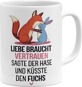 OM3 witzige Kaffee-Tasse mit Spruch - Liebe braucht Vertrauen - Hase & Fuchs - Keramik Becher - 325ml - Beidseitig Bedruckt - Weiss