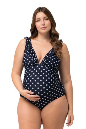 Ulla Popken Damen große Größen Übergrößen Plus Size Bellieva Badeanzug, Umstandsmode, Punkte, Rüsche am Ausschnitt Marine 56 825431130-56