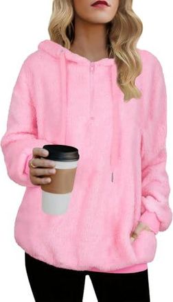 Generic Sweat &agrave; capuche zipp&eacute; pour femme, sweat surdimensionn&eacute; pelucheux, pull en polaire sherpa moelleux avec poches, rose, 3XL