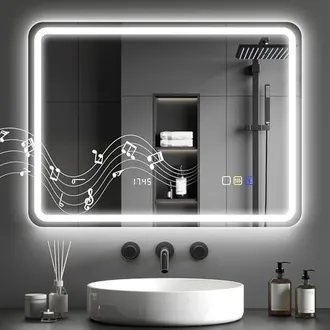 HOMCOM Miroir Salle de Bain Bluetooth avec &eacute;clairage LED 60 x 80 cm, Miroir Lumineux Mural, Horloge, antibu&eacute;e, 3 Couleurs lumi&egrave;re, dimmable, m&eacute;moire, Interru