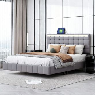 Generic Schwebende Leichtigkeit: Polsterdoppelbett 140x200 cm | Elegante LED-Beleuchtung im schwebenden Rahmen | Beiger Leinenstoff mit stylischem Kopfteil | 