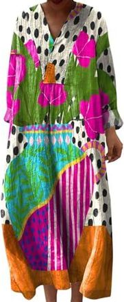 Generic Robe Ete Femme Mi Longue Fluide Coton Chemise Robes Manches Longues Ample Casuel A-Line Imprimé Fleur Robes Col V Ronde Bohème Robe De Soiree Femme Vi